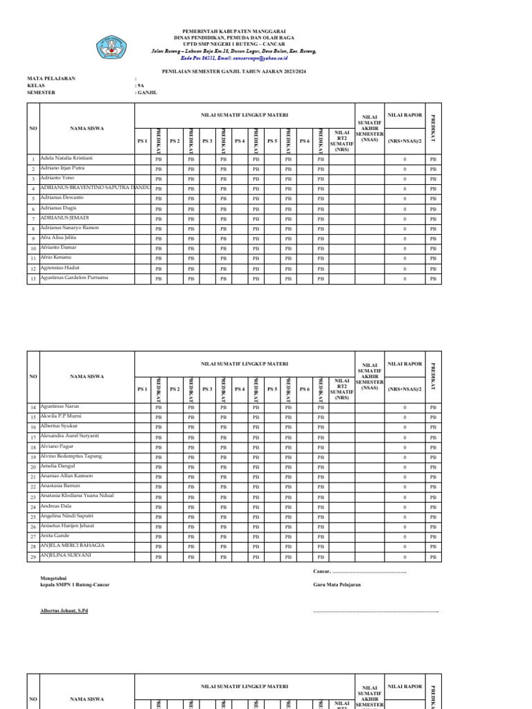 Format Nilai Kurikulum Merdeka Kelas 9 Pdf