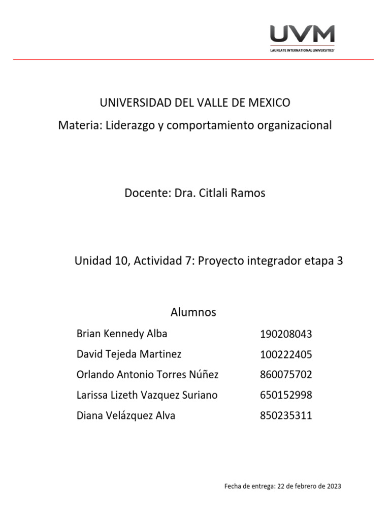 Universidad Del Valle de Mexico Materia: Liderazgo y Comportamiento Organizacional | PDF ...