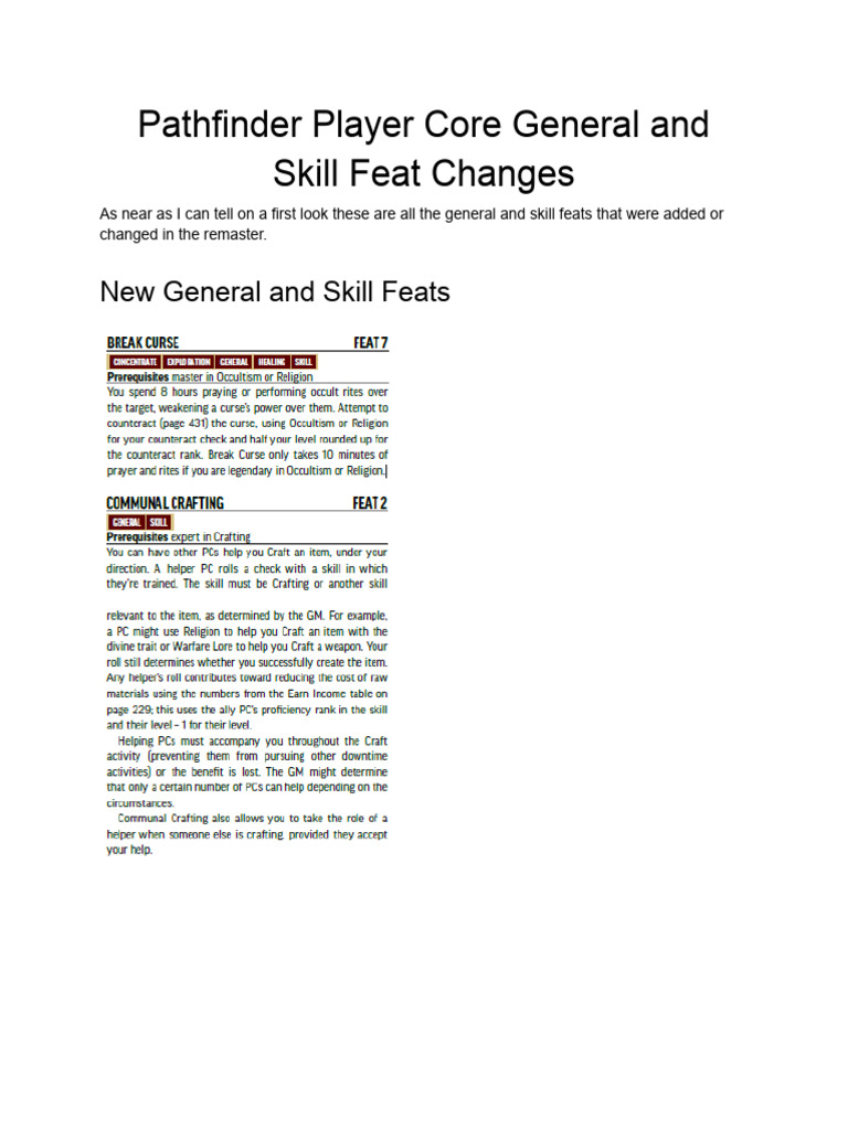 Pathfinder Player Core General and Skill Feat Changes | PDF | Games ...