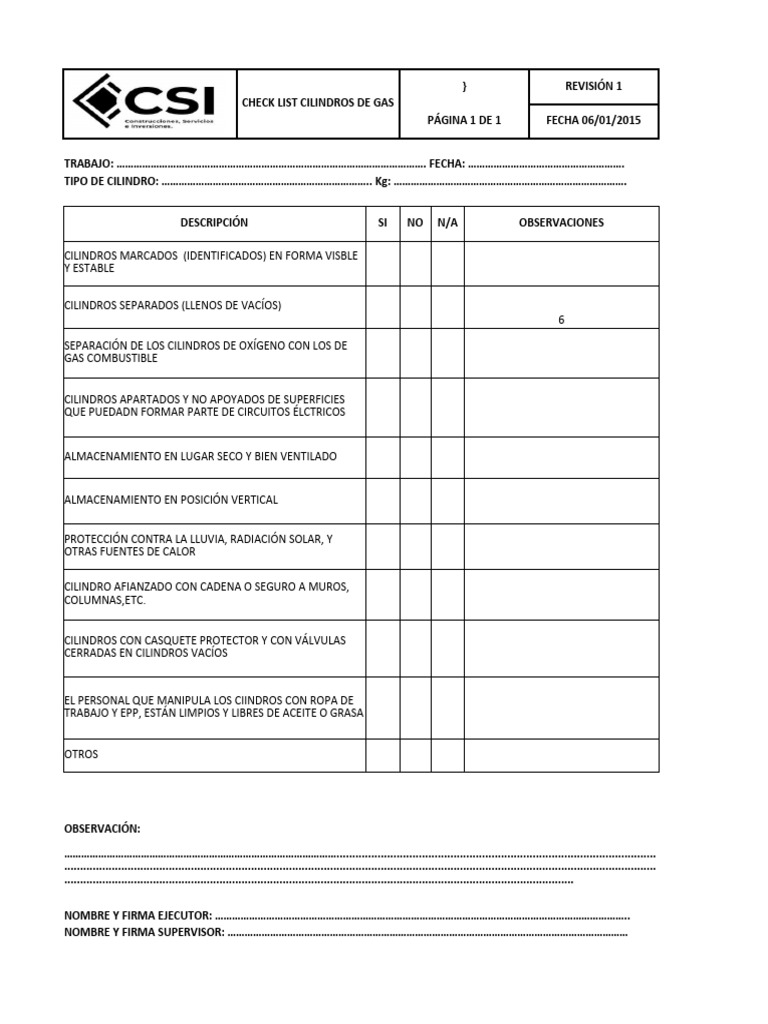 Check List Cilindro de Gas | PDF