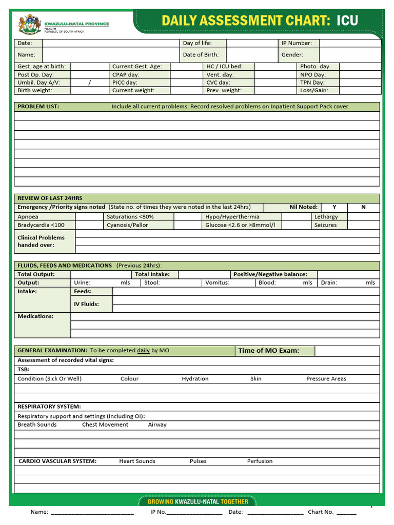 ICU Daily Assessment and Monitoring Chart | PDF | Clinical Medicine ...