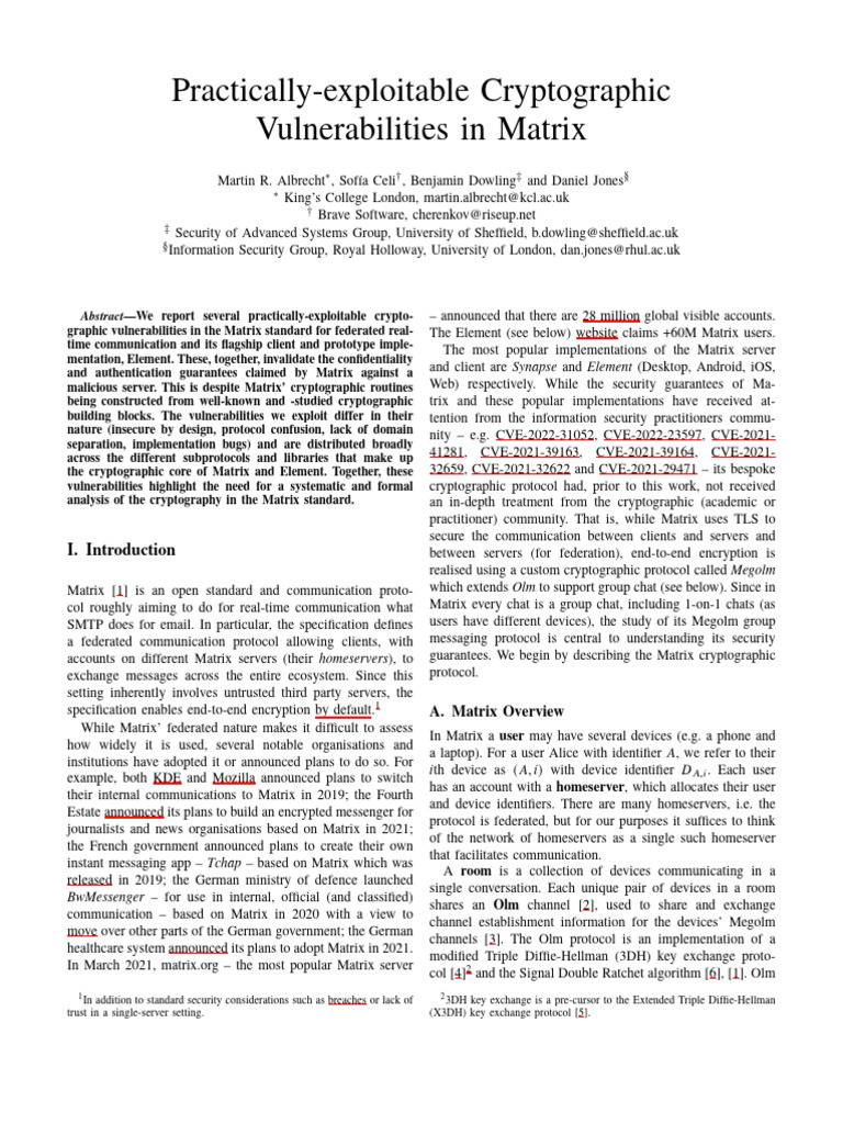 Practically-Exploitable Cryptographic Vulnerabilities in Matrix | PDF | Key (Cryptography ...