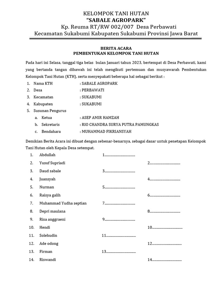 Format Pembentukan Kelompok Tani Hutan Sabale Agropark Pdf