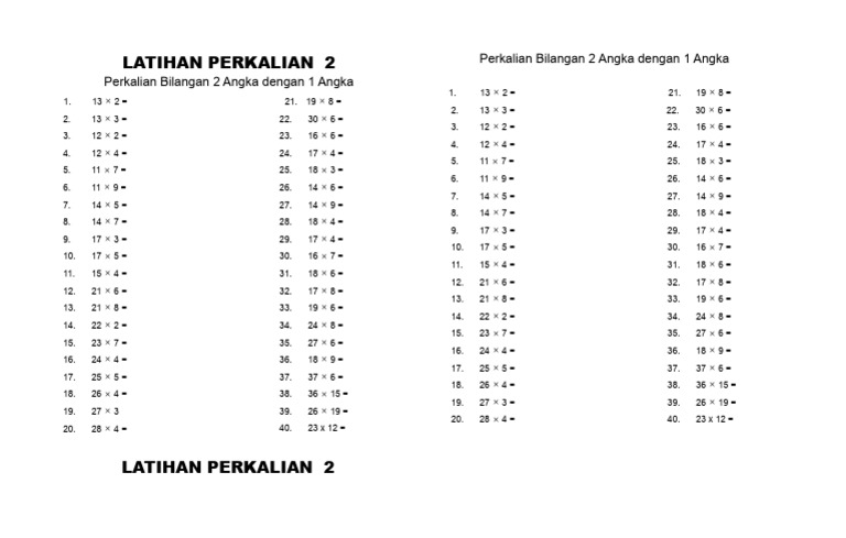 Latihan Perkalian 2 Angka dengan 1 Angka | PDF