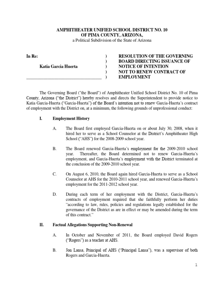 Approval Of Resolution Directing Issuance Of Notice Of Intention Not To Renew Contract Of
