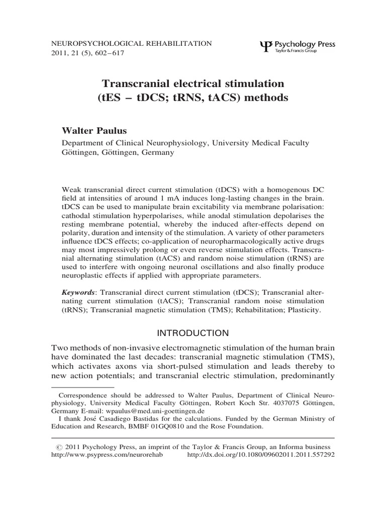 Transcranial Electrical Stimulation (tES - TDCS TRNS, tACS) Methods ...
