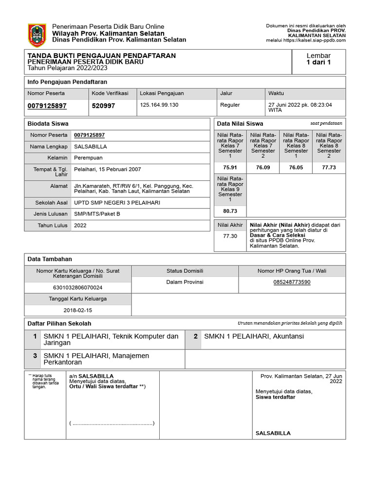 Tanda Bukti Pengajuan Pendaftaran - 0079125897 SALSABILLA | PDF