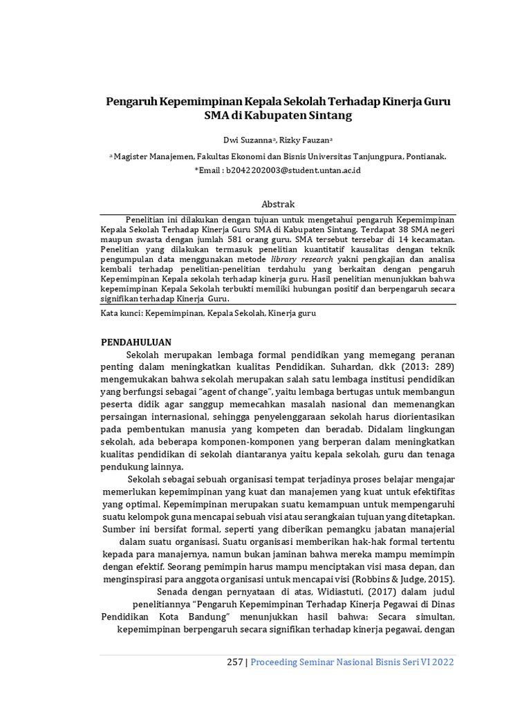 Pengaruh Kepemimpinan Kepala Sekolah Terhadap Kinerja Guru SMA Di Kabupaten Sintang | PDF ...