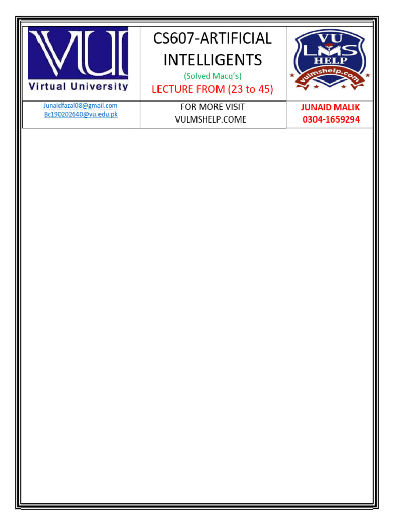 CS607 SOLVED MCQs FINAL TERM BY JUNAID | PDF | Fuzzy Logic | Artificial Intelligence