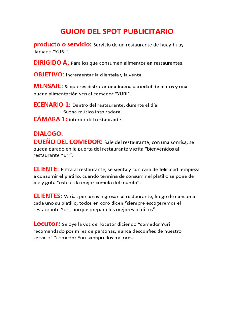 Guion Del Spot Publicitario | PDF