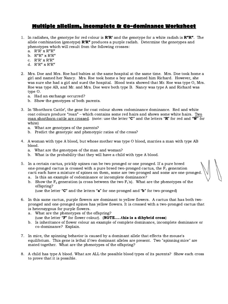 Genetics Worksheet: Allelism & Inheritance | PDF | Dominance (Genetics ...