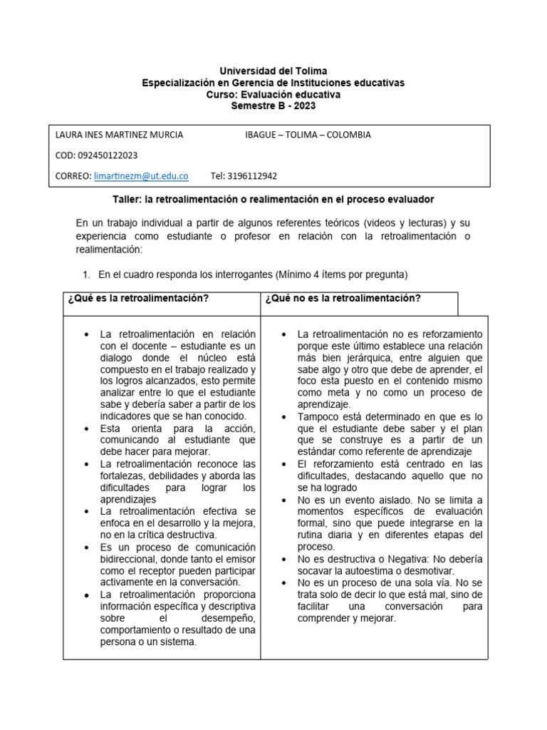 Taller retroalimentacion realimentacion B - 2023 | PDF | Enseñando ...