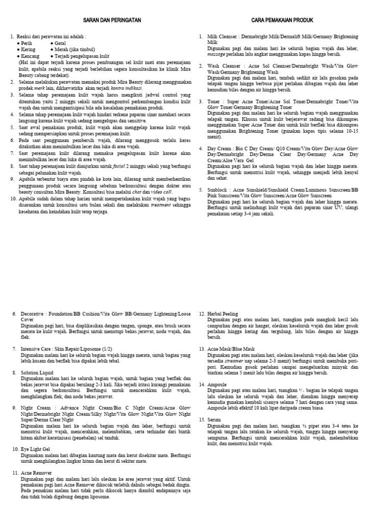 Cara Pemakaian Produk Mira Beauty | PDF