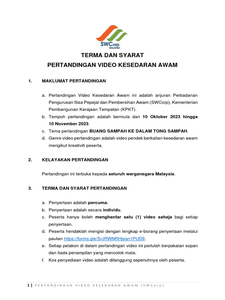 Terma Dan Syarat Pertandingan Video Kesedaran Awam (SWCorp) | PDF