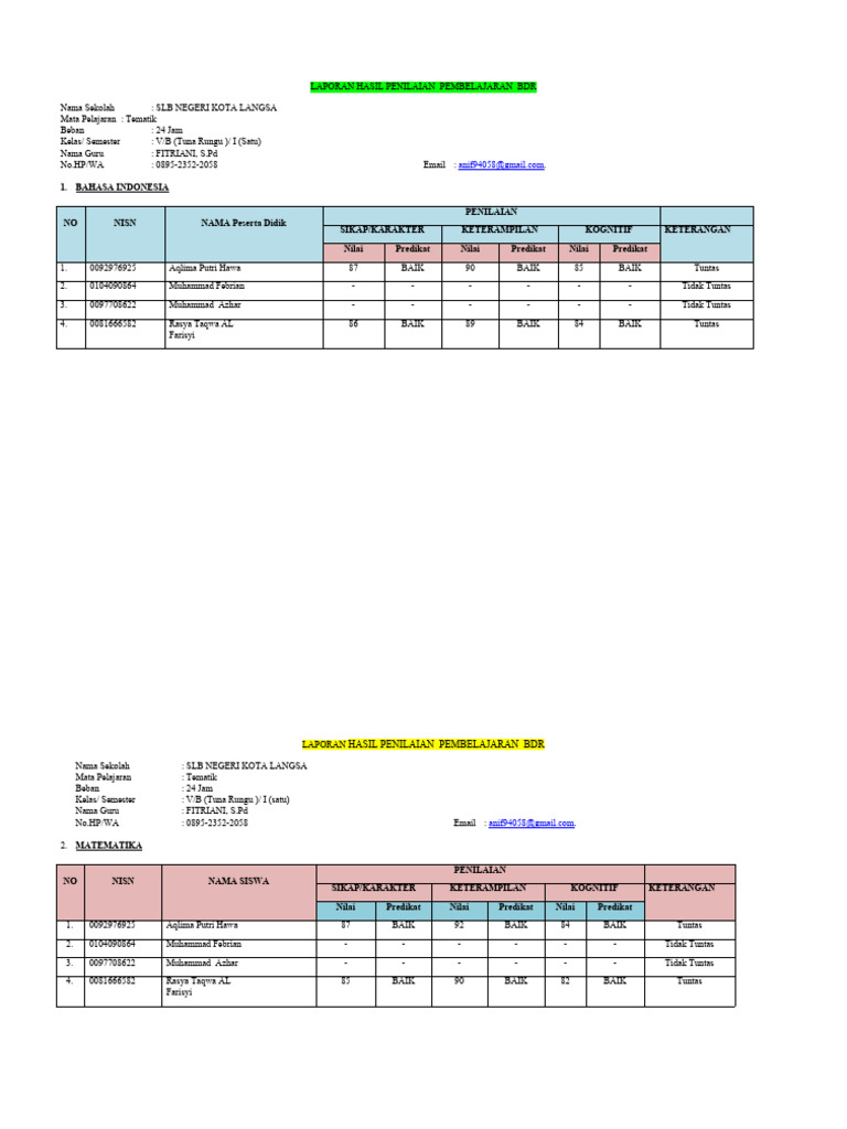 Laporan Hasil Penilaian Pembelajaran BDR | PDF