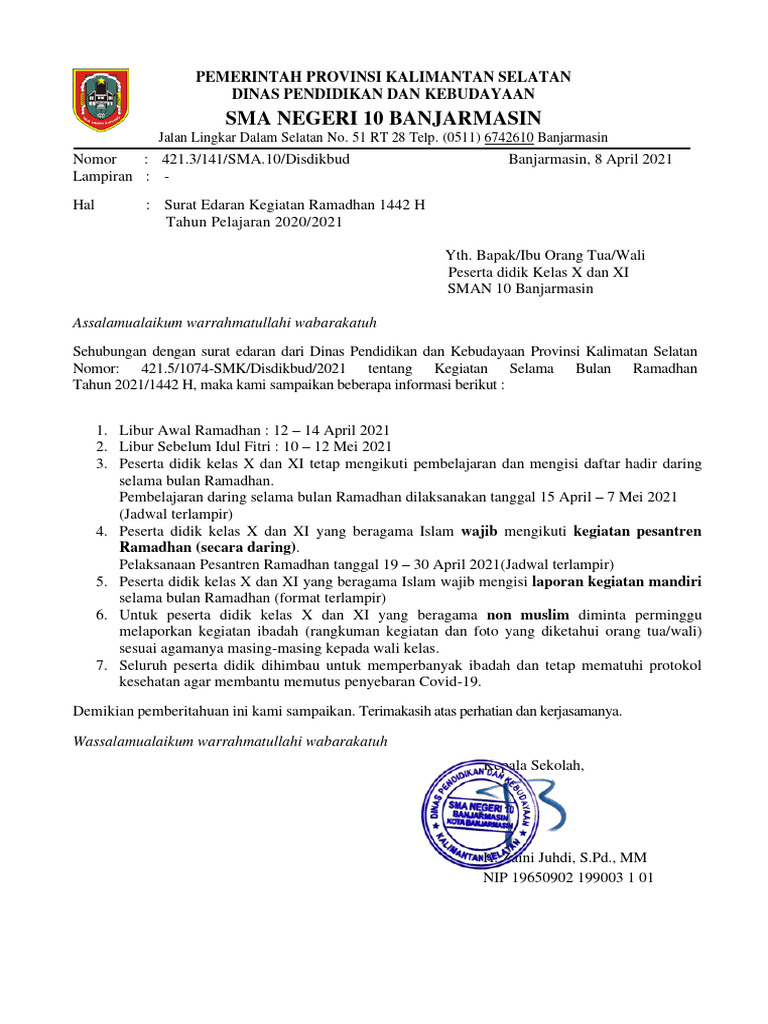 Surat Edaran Kegiatan Ramadhan 1442 H SMAN 10 BJM | PDF