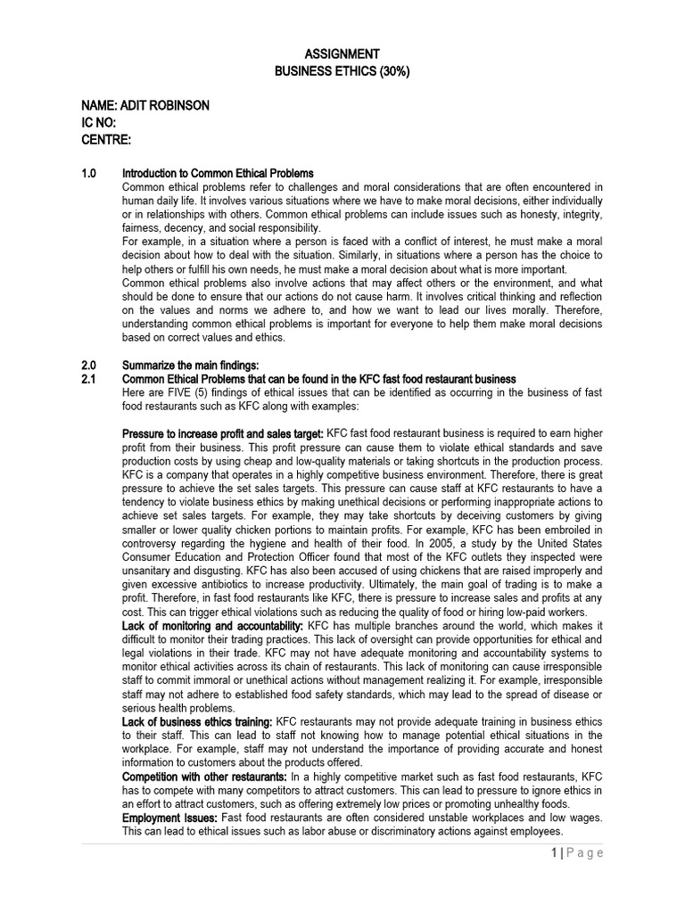 Assignment - Business Ethics | PDF | Business Ethics | Fast Food