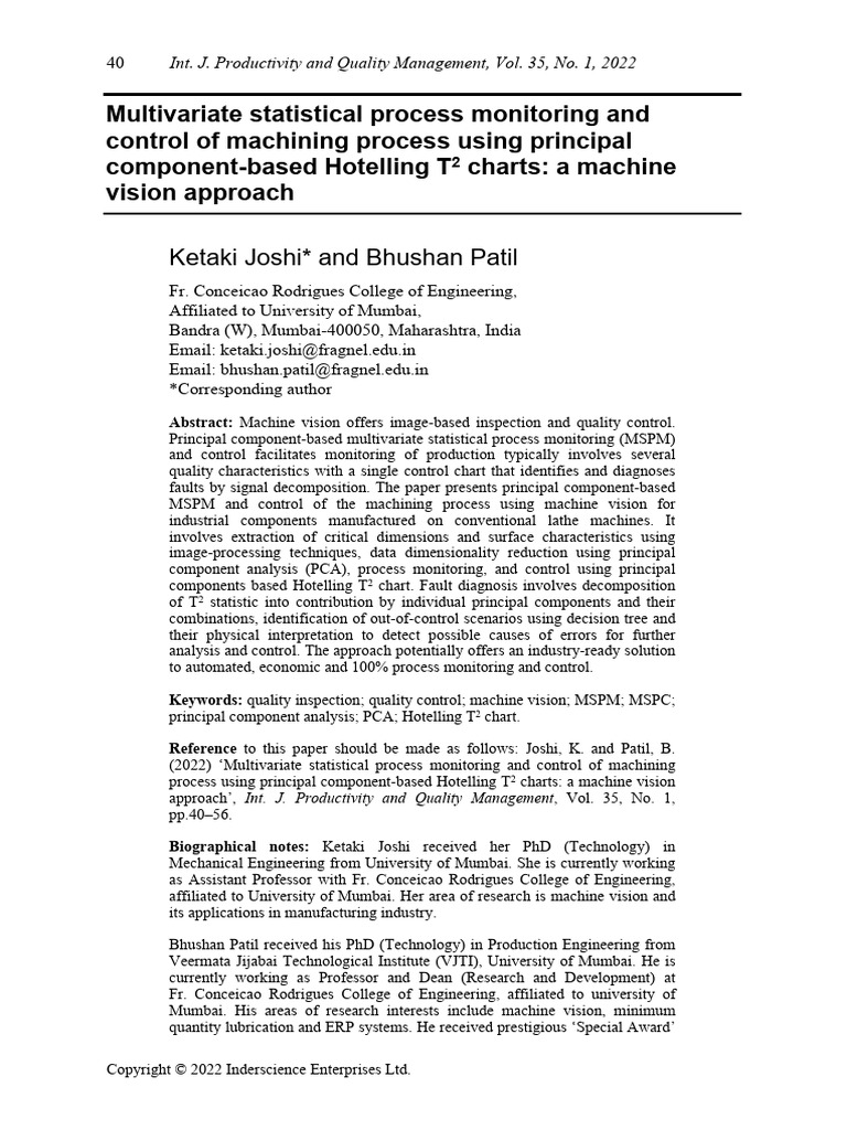 Joshi Patil 2022 Multivariate Statistical Process Monitoring and Control of Machining Process ...