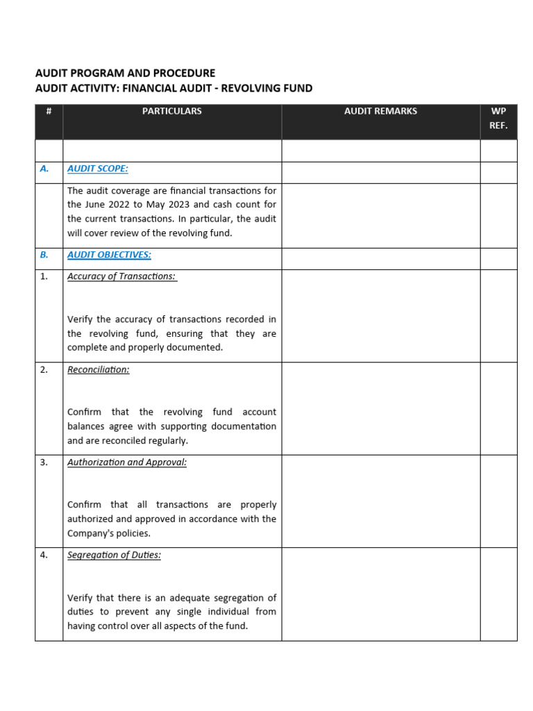 Revolving Fund Audit Procedures | PDF | Internal Control | Audit