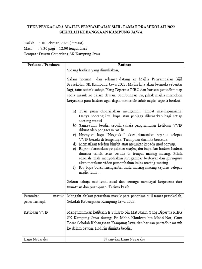 Teks Pengacara Majlis Penyampaian Sijil Tamat Prasekolah 2023 Edit | PDF