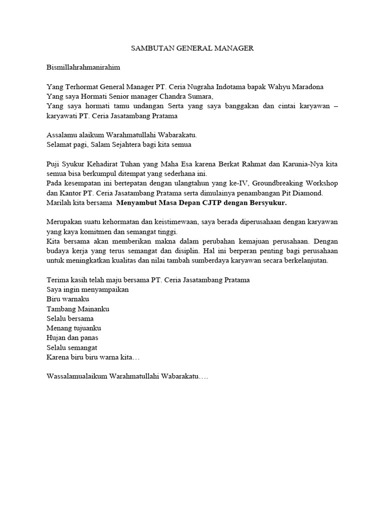 Sambutan General Manager | PDF | Karier & Perkembangan | Bisnis