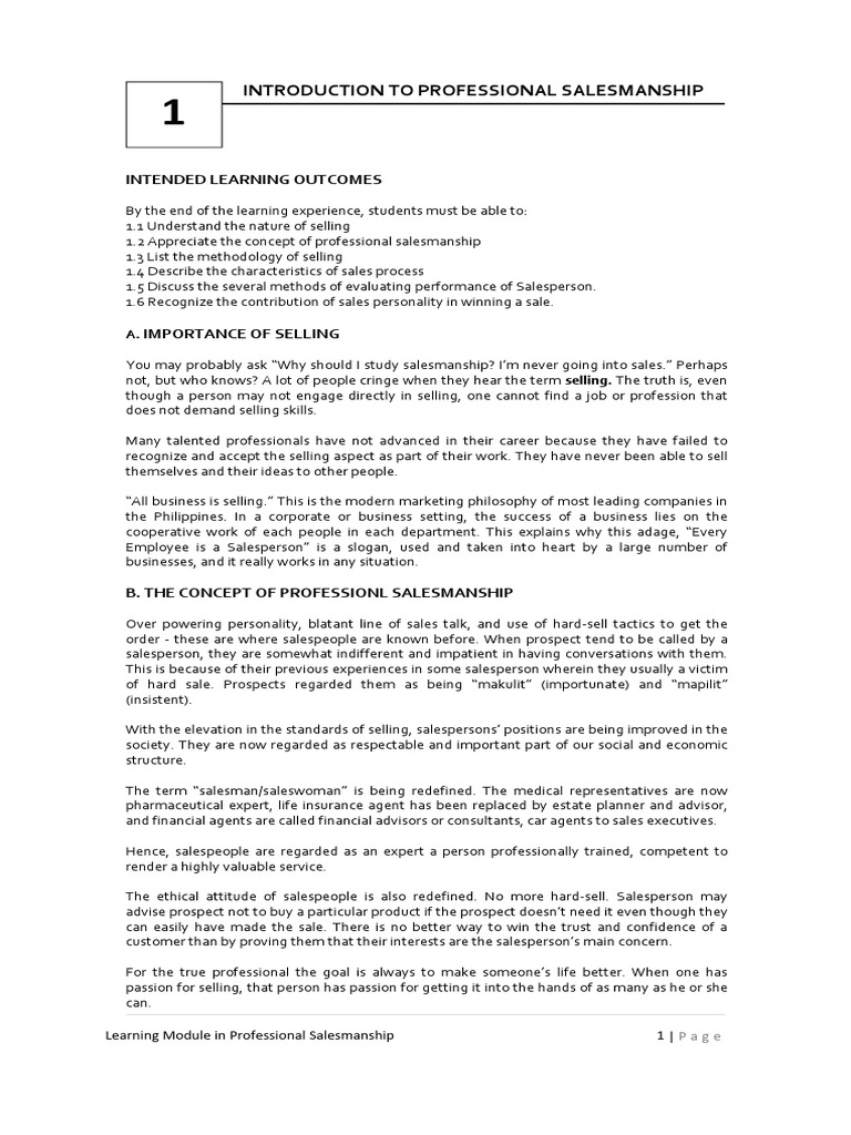 CHAPTER 01 Introduction To Professional Salesmanship | PDF | Sales ...