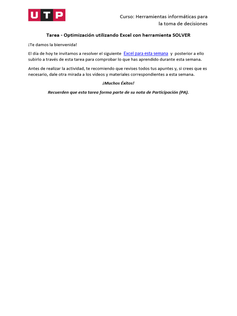 (AC-S15) Semana 15 - Tema 01 - Tarea - Optimización utilizando Excel con herramienta SOLVER | PDF