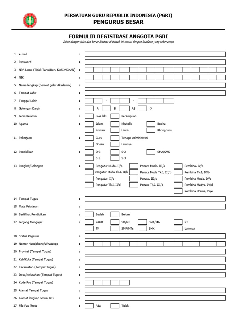 Formulir Registrasi Anggota PGRI | PDF