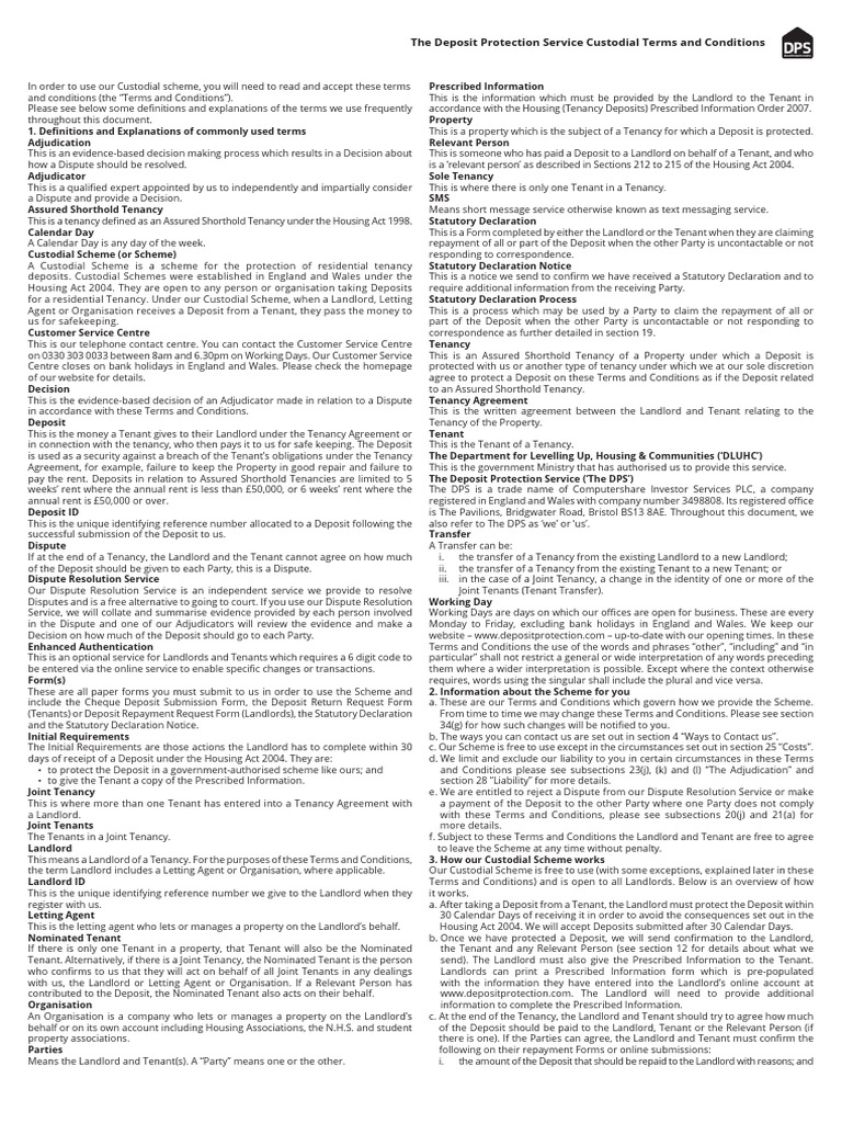 Dps Custodial Terms and Conditions June2022 v28 | PDF | Leasehold ...