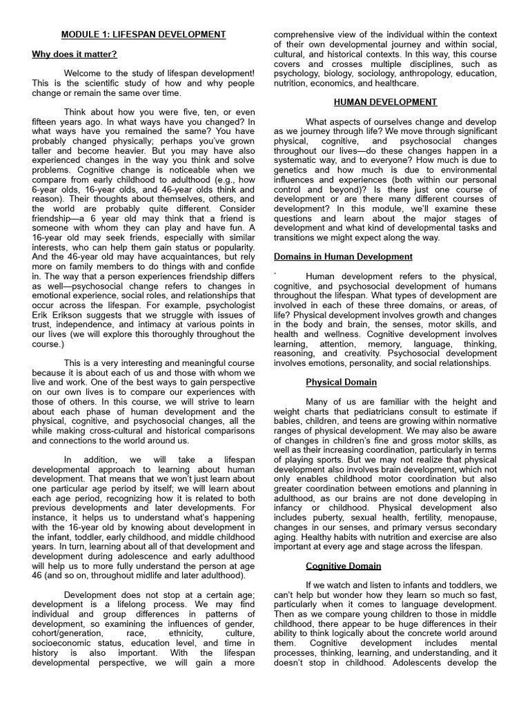 DEVPSY Module 1 Lifespan Development | PDF | Developmental Psychology | Adolescence