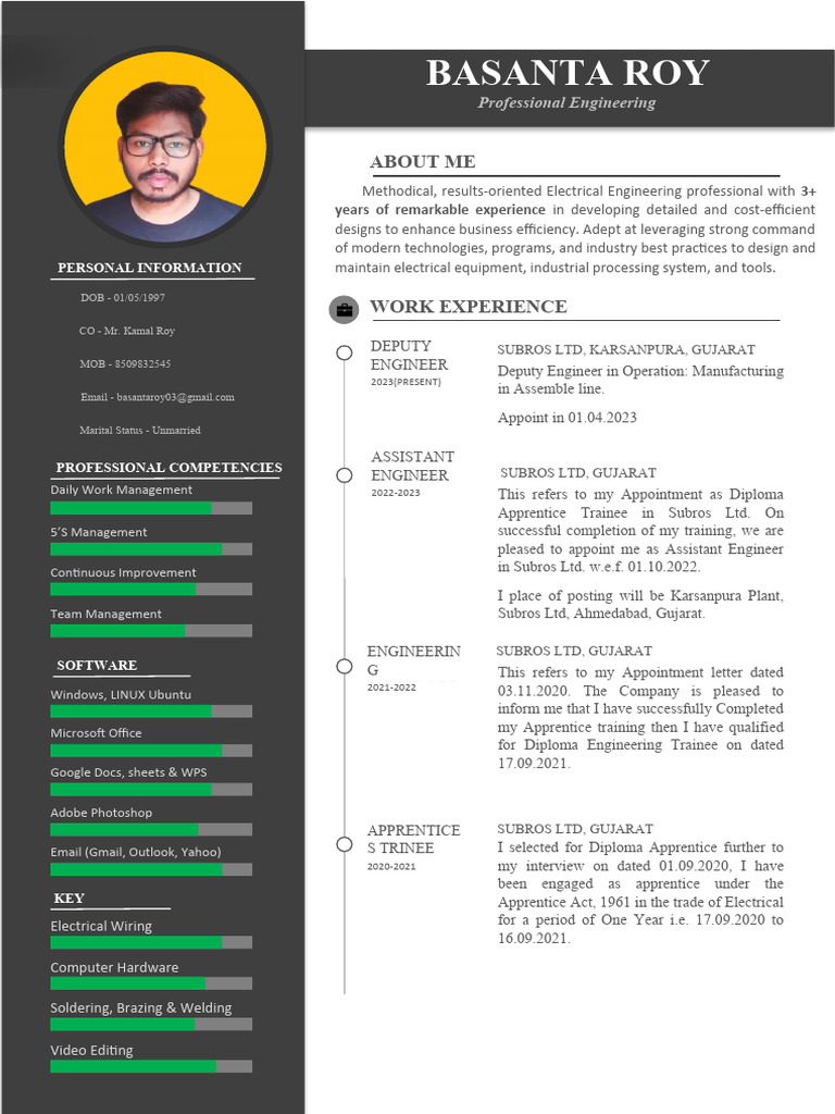 BASANT ROY Two Page Resume | PDF | Engineering | Diploma