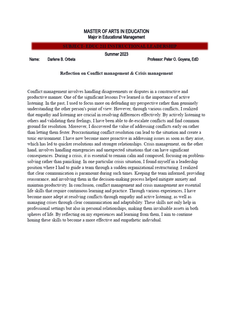 Reflection On Conflict Management & Crisis Management | PDF | Crisis ...