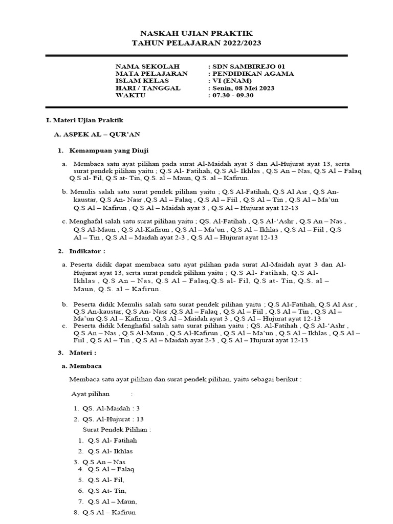 Naskah Ujian Praktik Pai | PDF