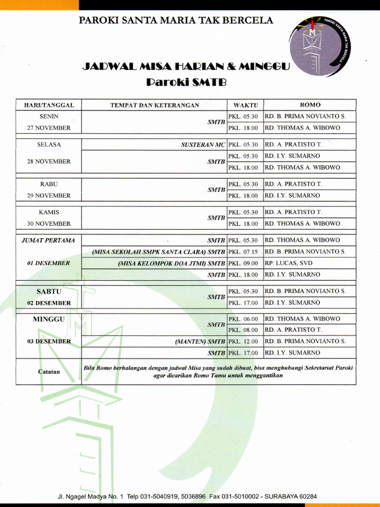 Jadwal Misa Romo 27 Nov-03 Des 2023 | PDF