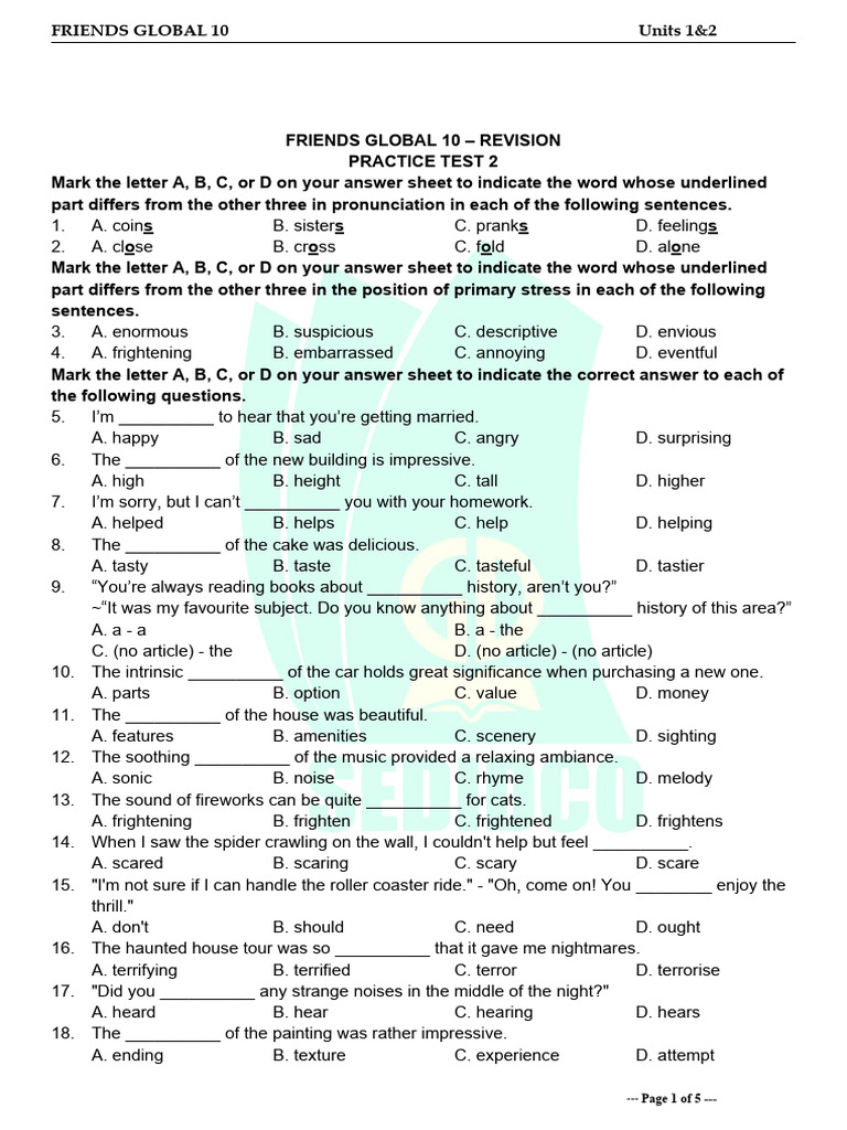Tieng Anh 10 Friends Global - Unit 1&2 - Test 2 | PDF | England ...