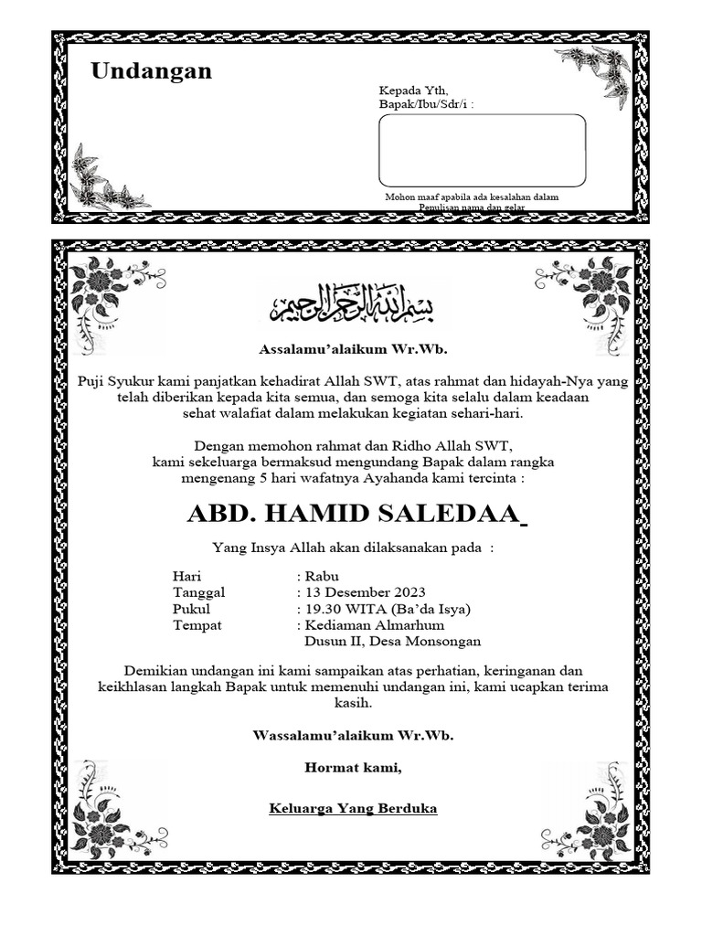 Contoh Surat Undangan Tahlil 3 Hari 7 Hari 40 Hari 100 Hari 1000 Hari | PDF