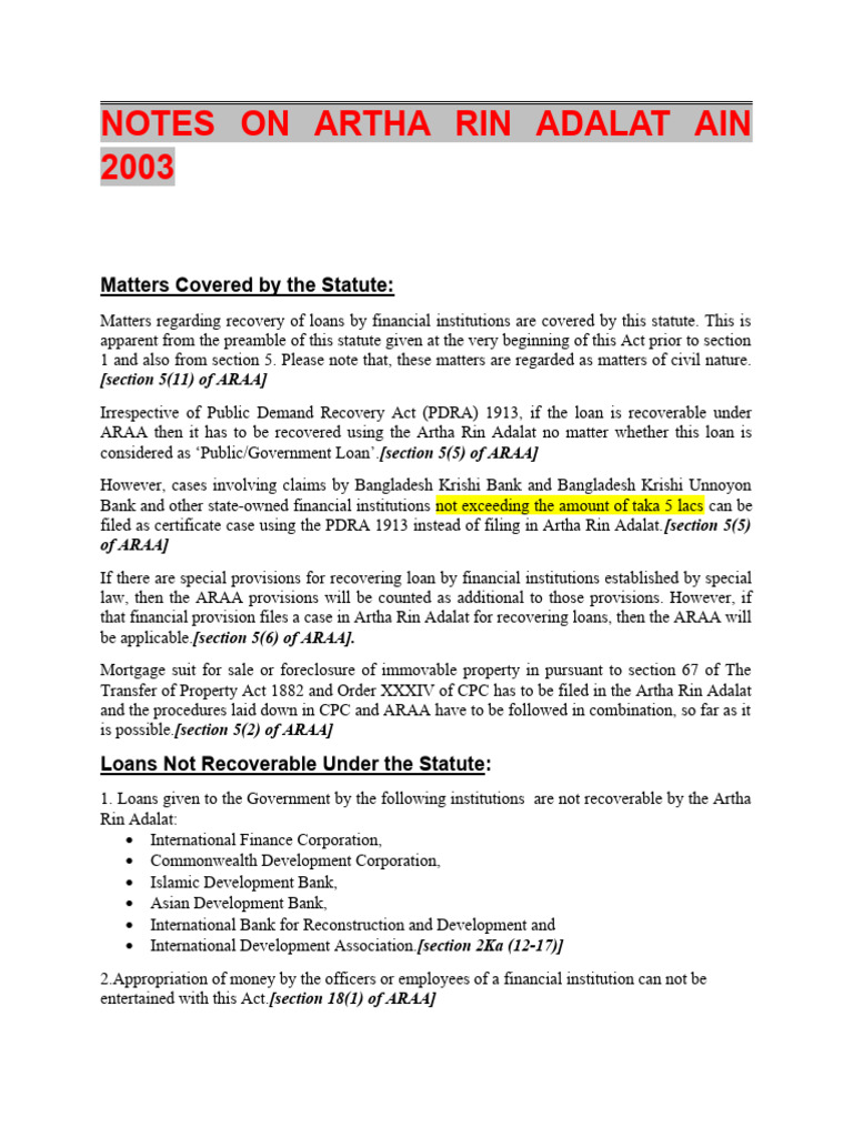 Artha Rin Adalat Ain 2003 Overview | PDF | Lawsuit | Mortgage Law