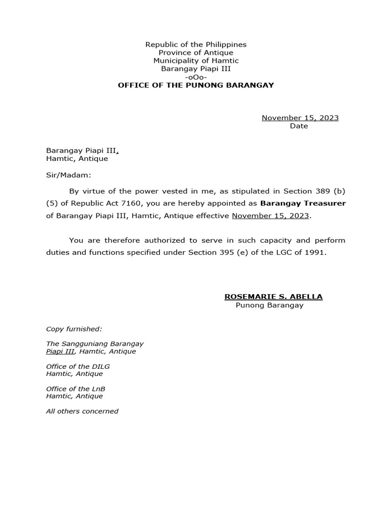 Appointment of Barangay Treasurer in Antique | PDF | Philippines ...