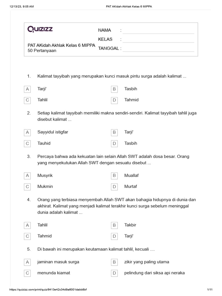 PAT AKidah Akhlak Kelas 6 MIPPA | PDF