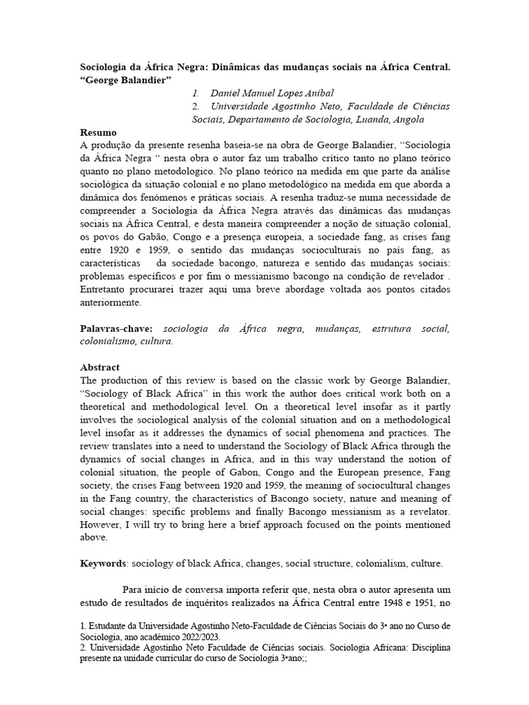 Sociologia Da África Negra-Dinâmicas Das Mudanças Sociais Na África ...