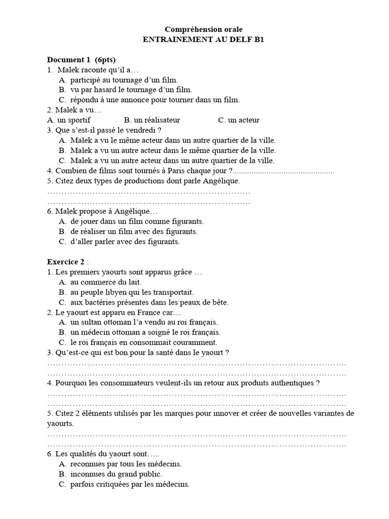 Exercices de compréhension orale DELF B1 | PDF | Yaourt | Nourriture et ...