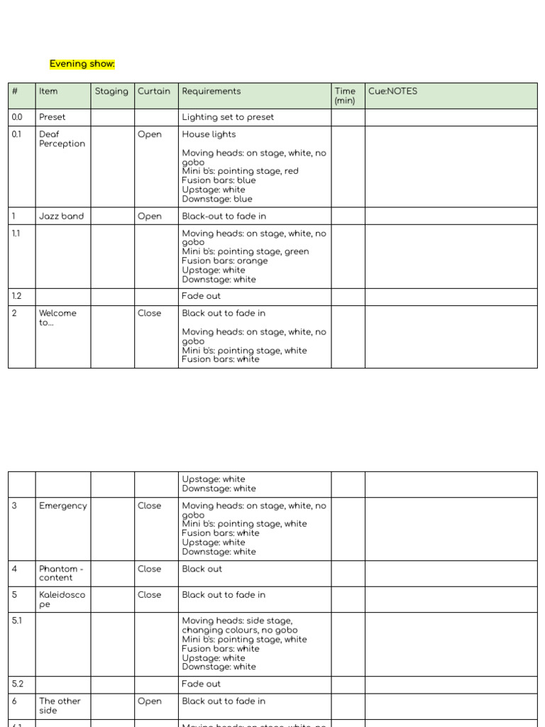 Evening Cue Sheet LX | PDF | Lighting | Artistic Techniques