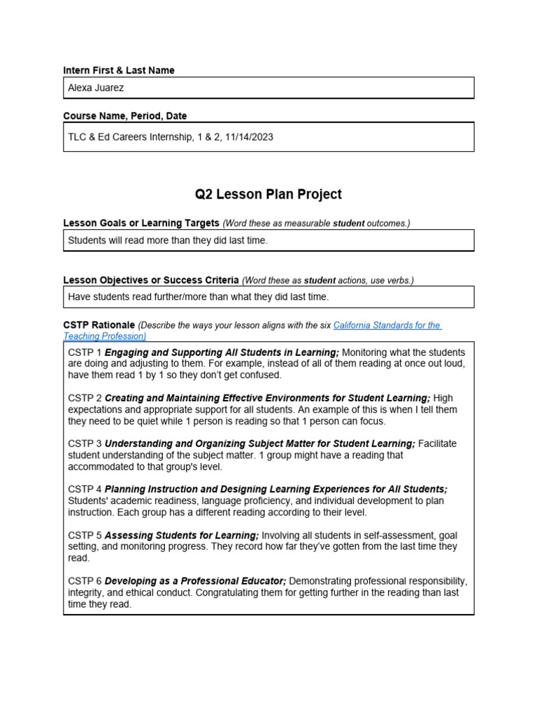 q2 cstp lesson plan template 2 2 | PDF | Lesson Plan | Learning