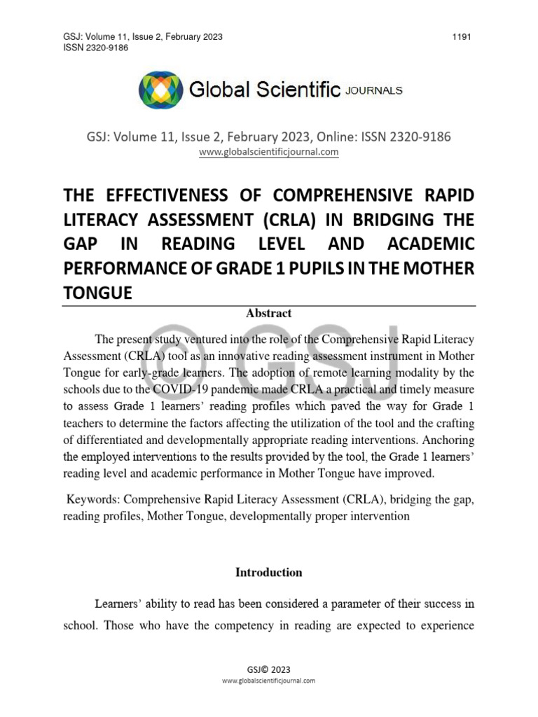The Effectiveness of Comprehensive Rapid Literacy Assessment Crla in Bridging the Gap in Reading ...