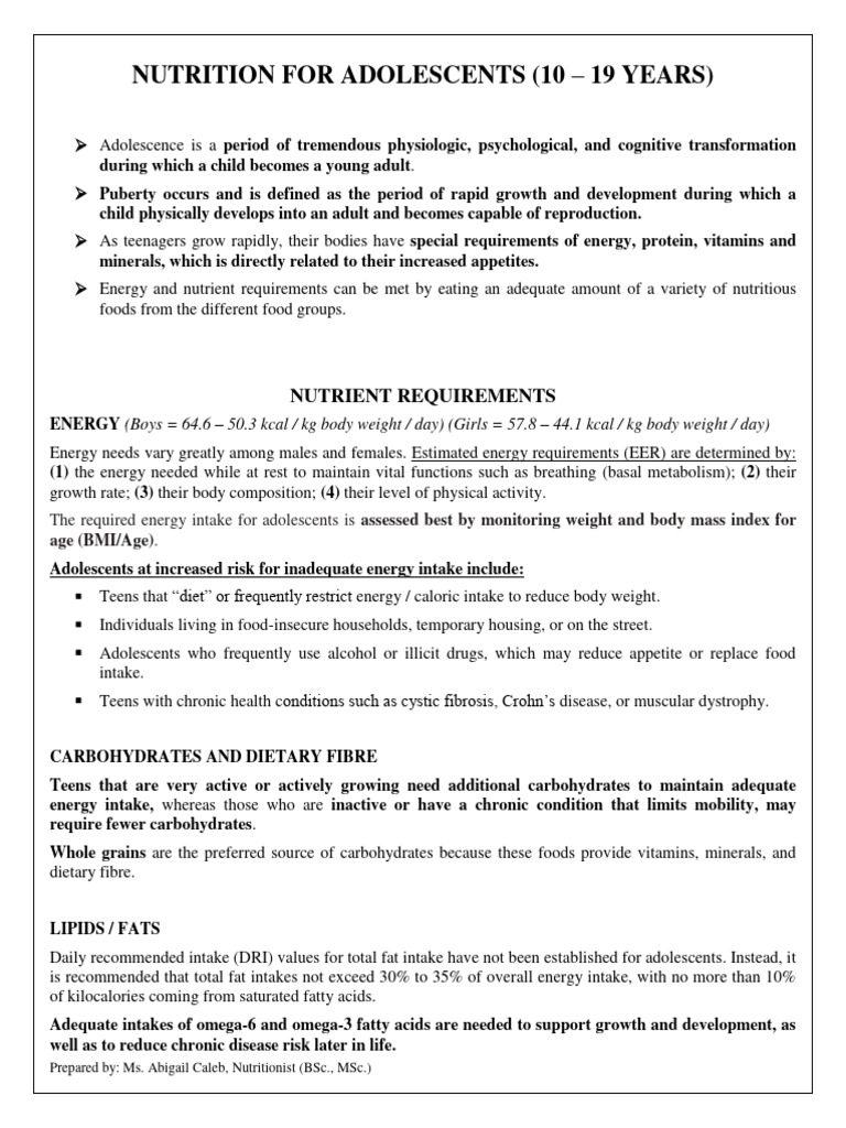 Essential Nutrition for Adolescents (10-19) | PDF | Food Energy | Vitamin