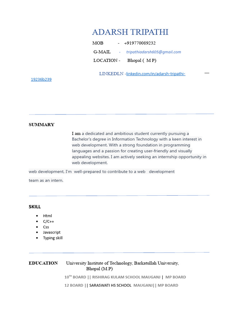 Adarsh Tripathi Resume | PDF