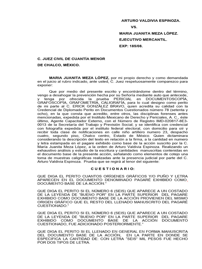 Ofrecimiento de Prueba Pericial Alteracion de Cantidad en Pagare Chalco ... Ofrecimiento de Prueba Pericial Alteracion de Cantidad en Pagare Chalco ...