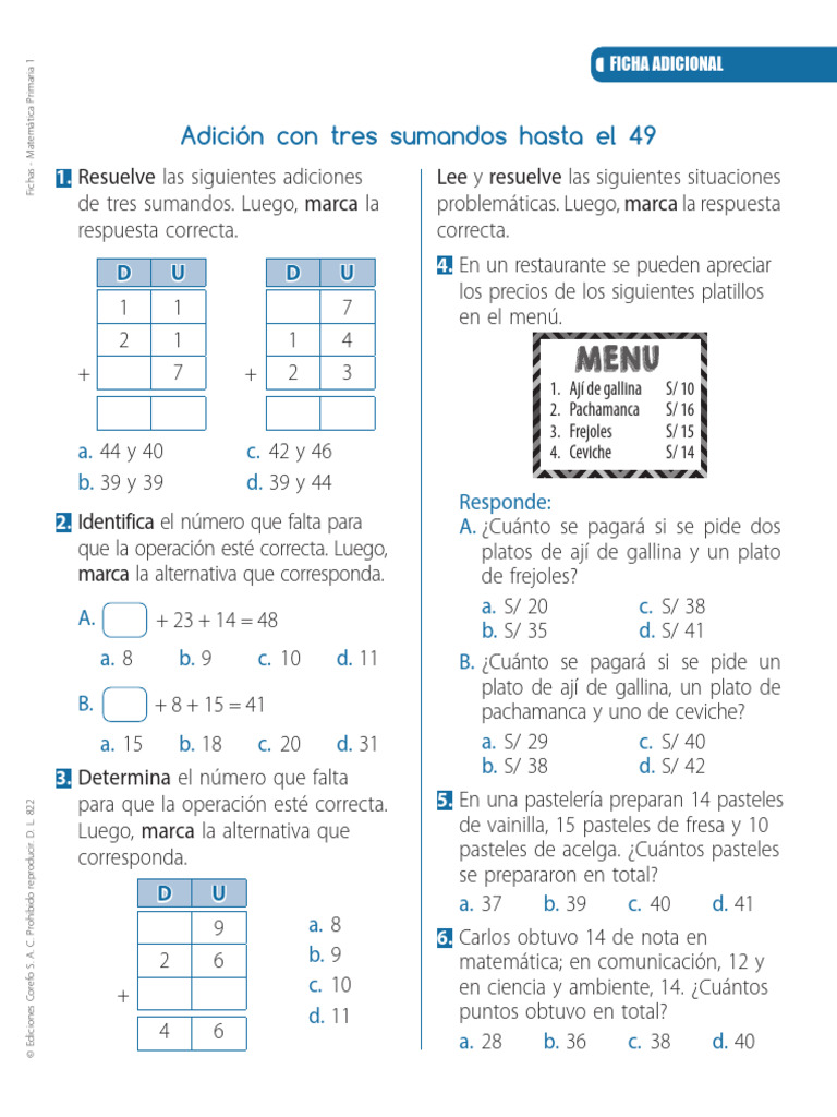 Adiciones de Tres Sumandos para Primer Grado | PDF