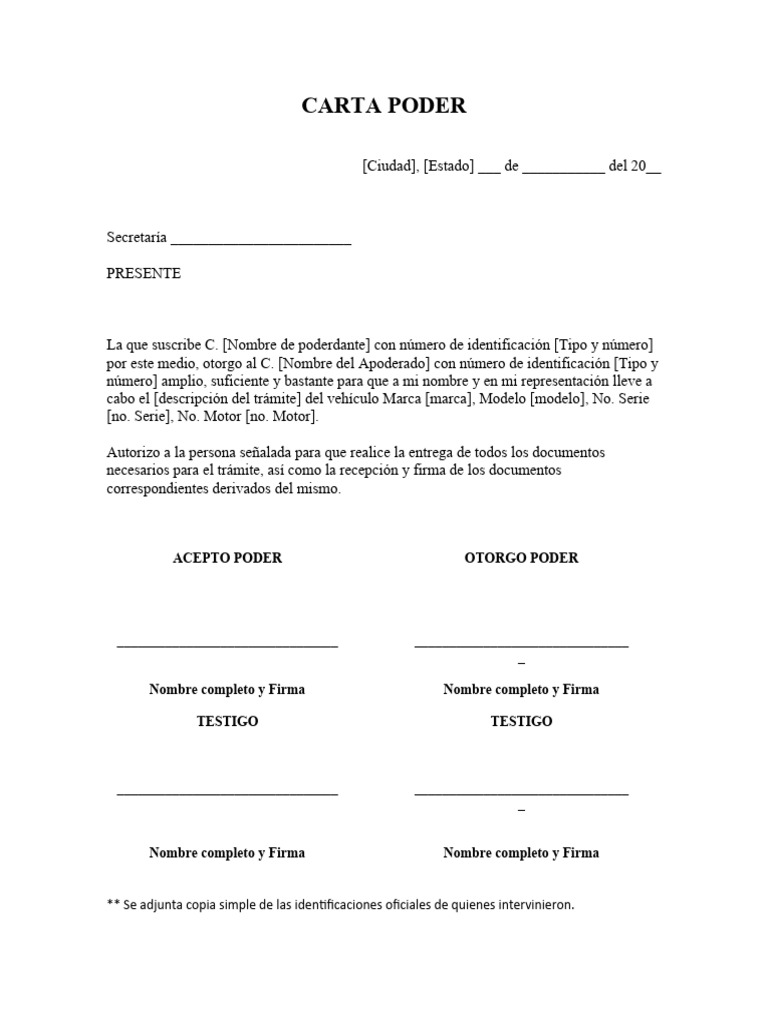Carta Poder para Tramites Vehiculares Word para Imprimir | PDF ...