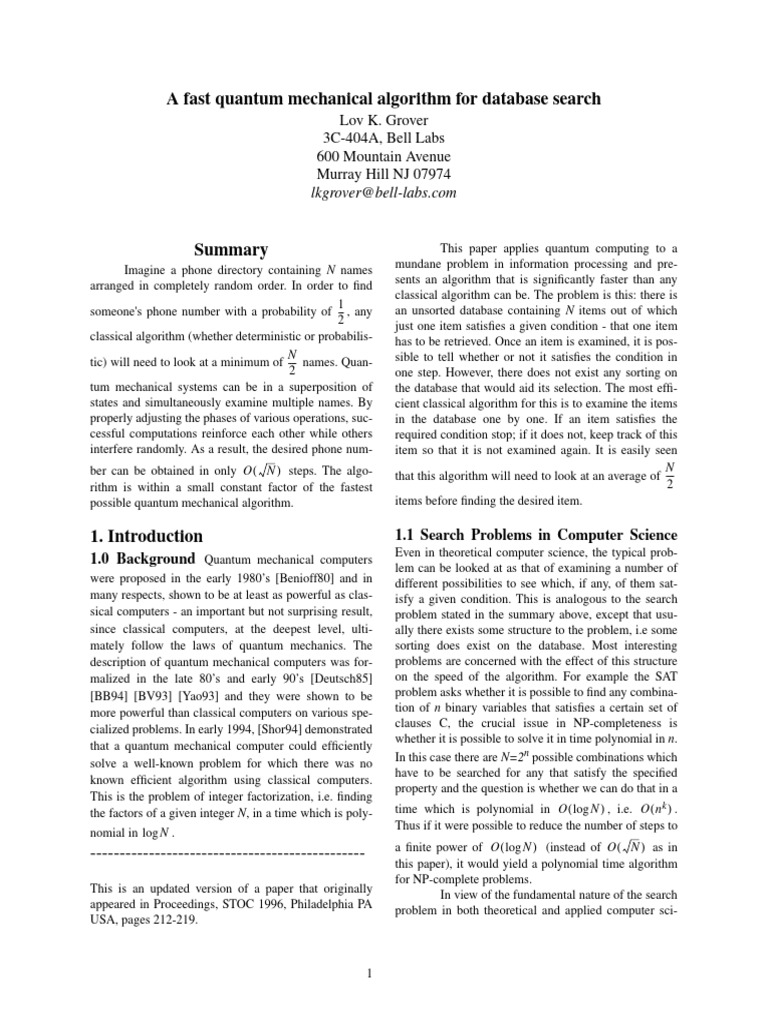A Fast Quantum Mechanical Algorithm For Database Search - 9605043 | PDF | Time Complexity ...